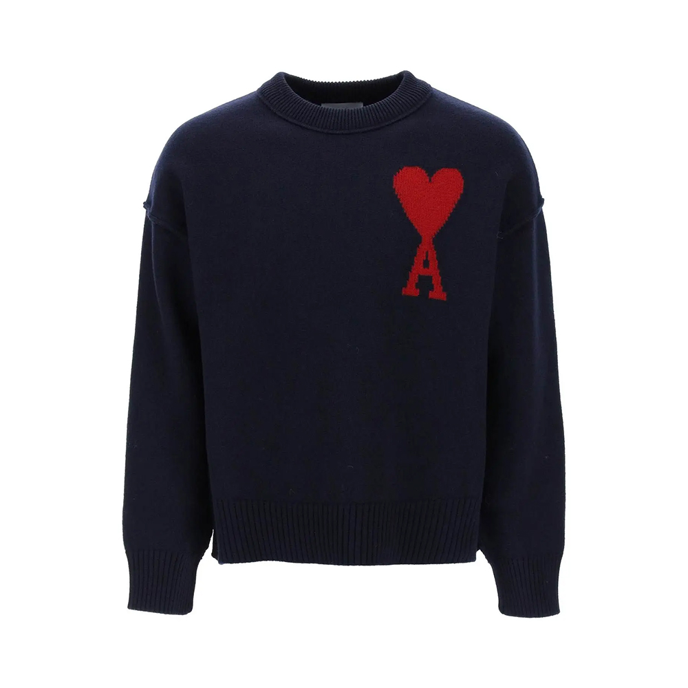AMI Paris Red Ami De Coeur Felted Merino Wool Crewneck Sweater Night ...