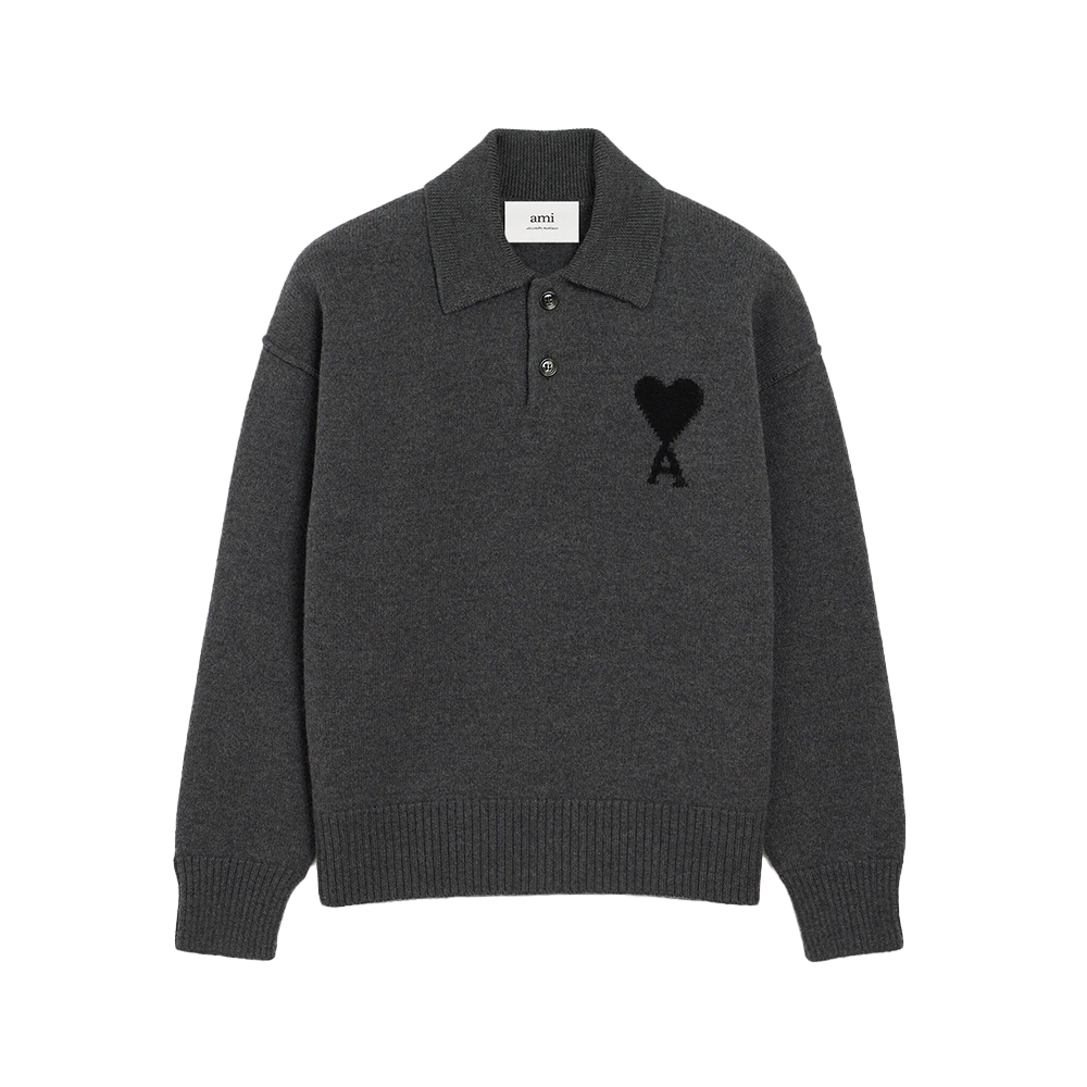 AMI Paris Black Ami De Coeur Inside Out Seams Polo Knit Wool Heather ...