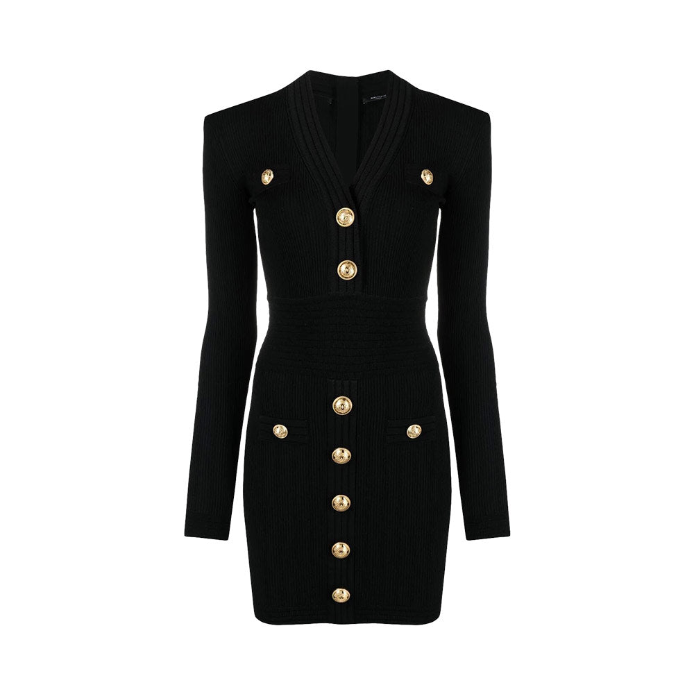 Balmain Short Knitted Dress Gold Buttons Black – voilà.id