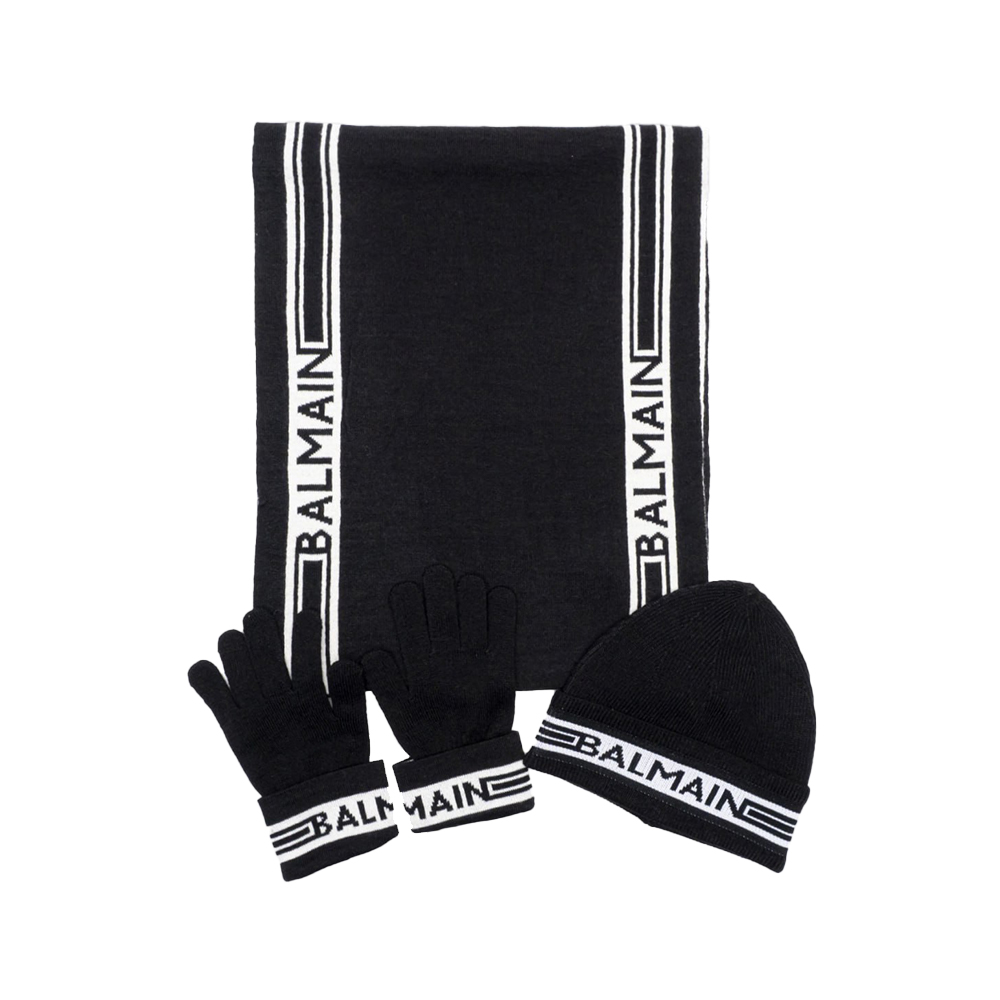 Balmain Lettering Logo Wool Scarf Set Black White – voilà.id