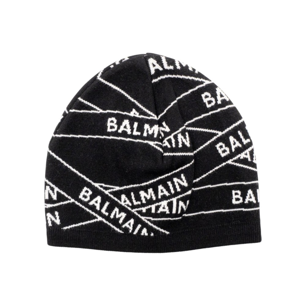 Balmain All Over Logo Scarf with Beanie Hat Wool Black White – voilà.id