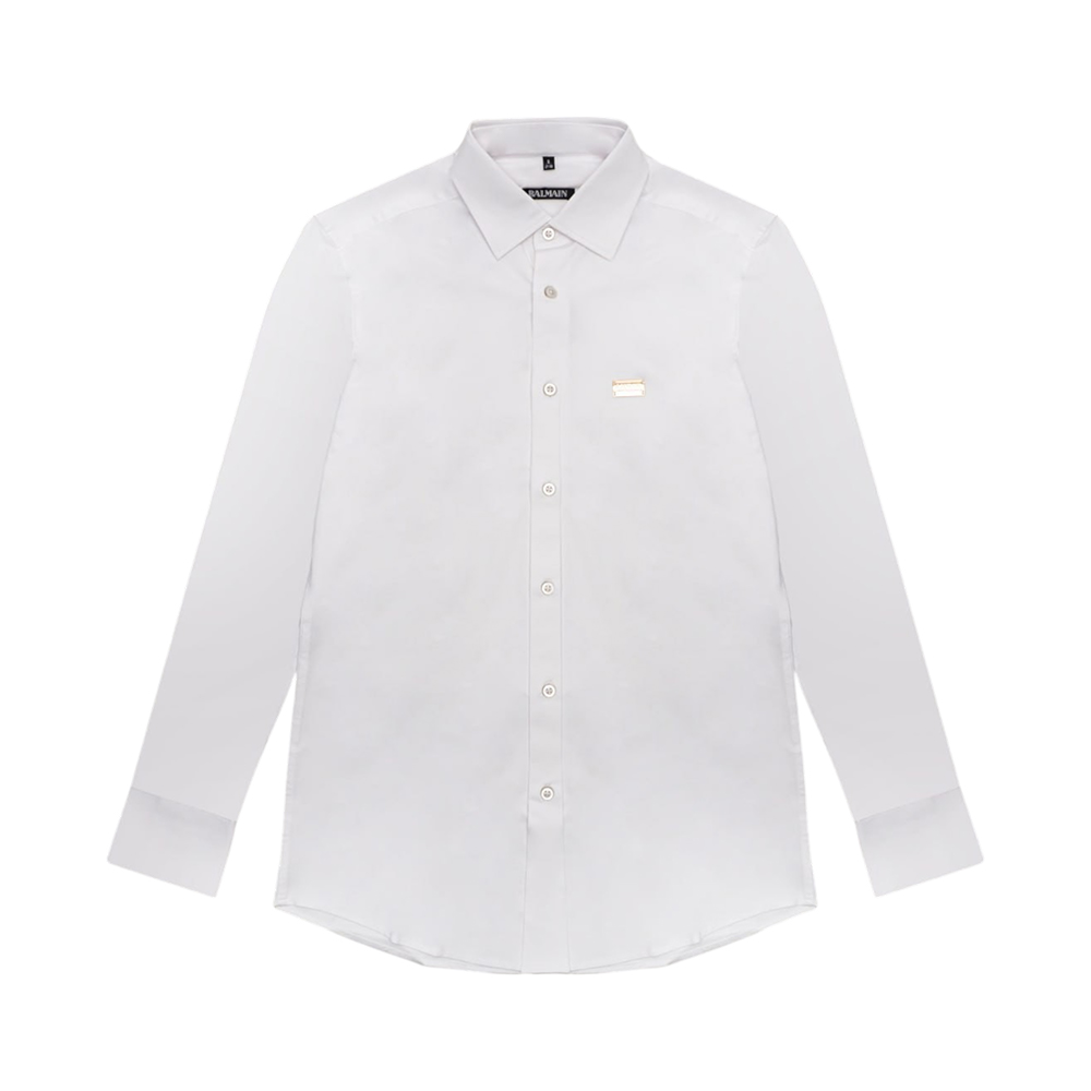 Balmain B Paris Logo Gold Metal Label Long Sleeved Shirt White – voilà.id