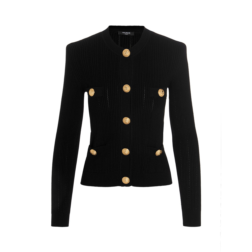 Balmain Cropped Eco-Designed Knit Cardigan Gold-Tone Buttons Black ...