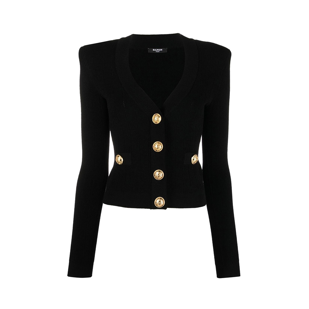 Balmain Cropped Knit Cardigan Gold Tone Below Pocket Black – voilà.id