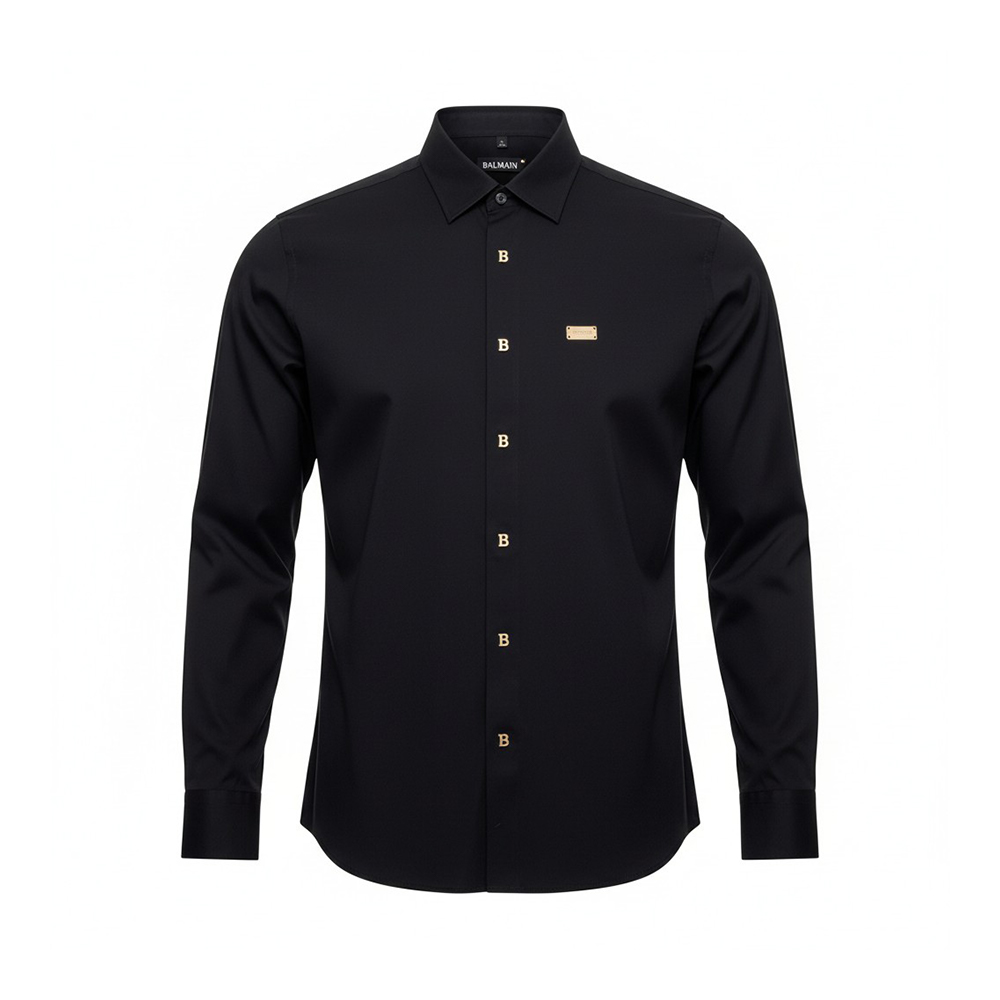 Balmain B Gold Button & Metal Label Short Sleeved Shirt Black – voilà.id