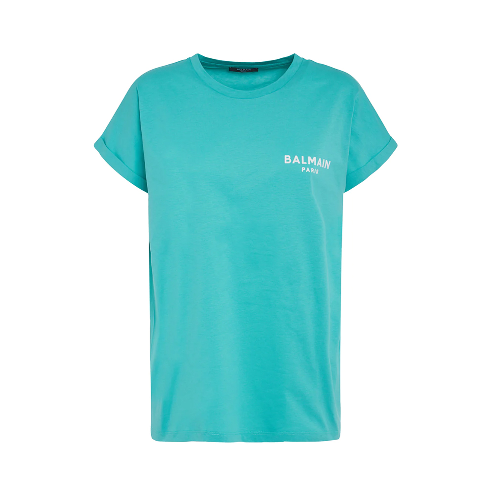 Balmain Paris Logo T-Shirt White Logo Aqua Green Women – voilà.id