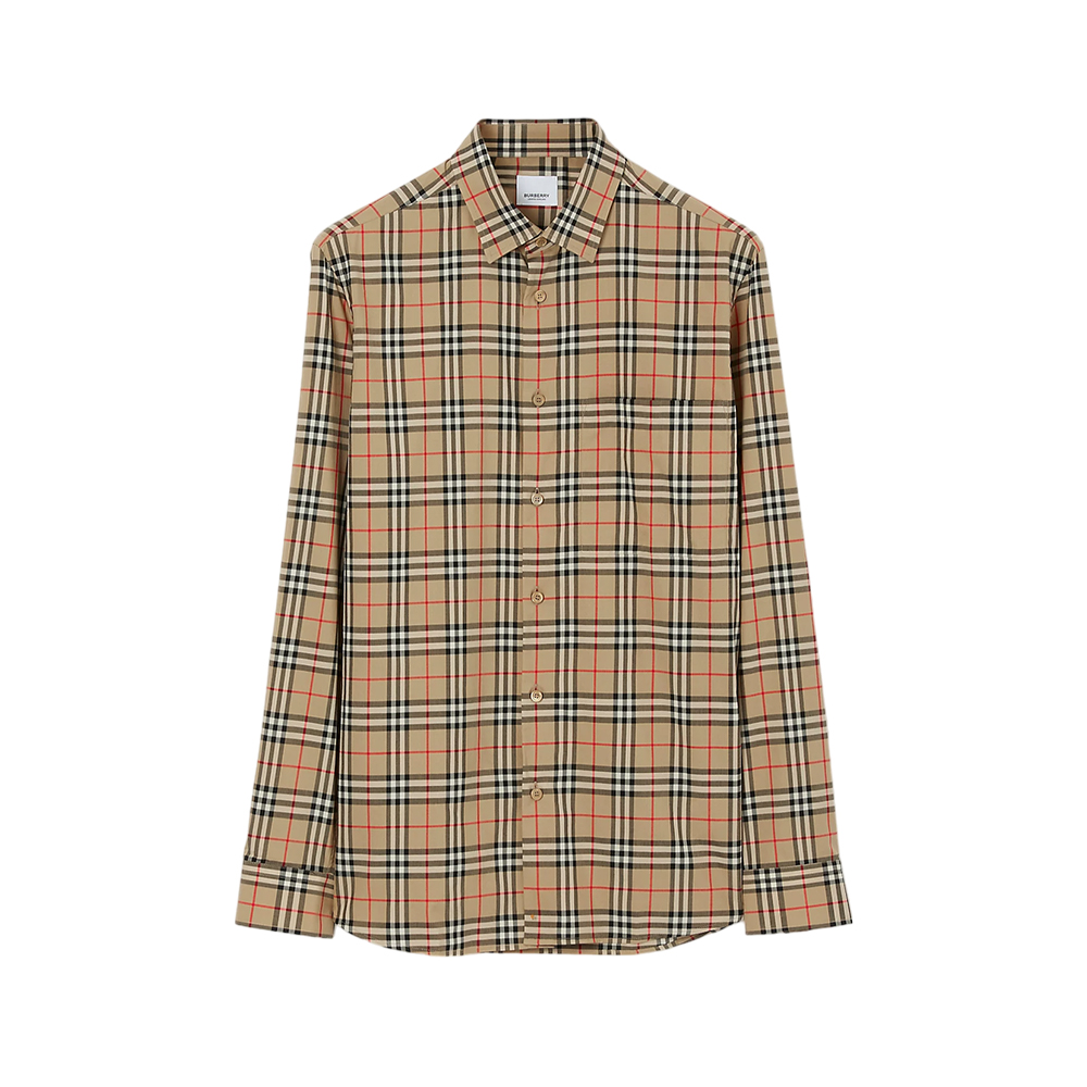 Burberry Check Cotton Long Sleeved Slim Fit Shirt Archive Beige – voilà.id