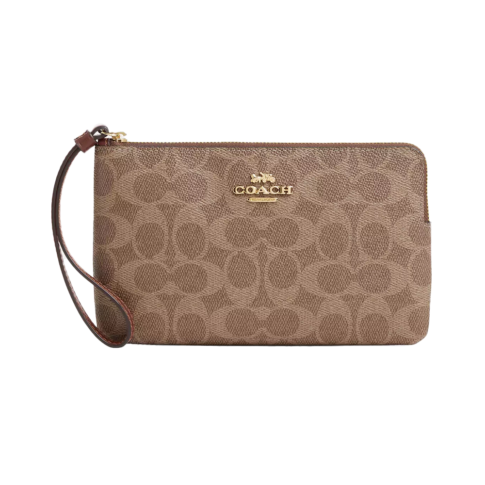 Coach Large Corner Zip Wristlet Signature Canvas Gold/Tan/Brown – voilà.id
