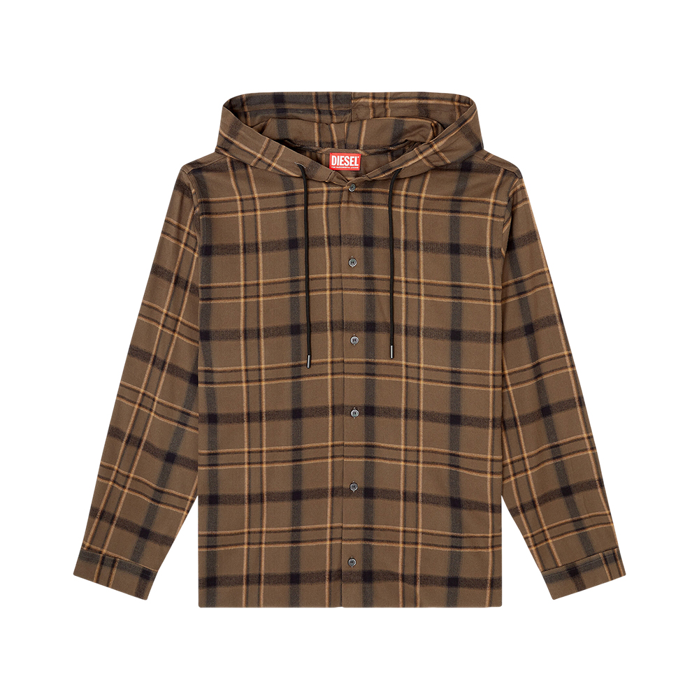 Diesel Hooded Shirt In Check Flannel With Logo Beige/Brown – voilà.id
