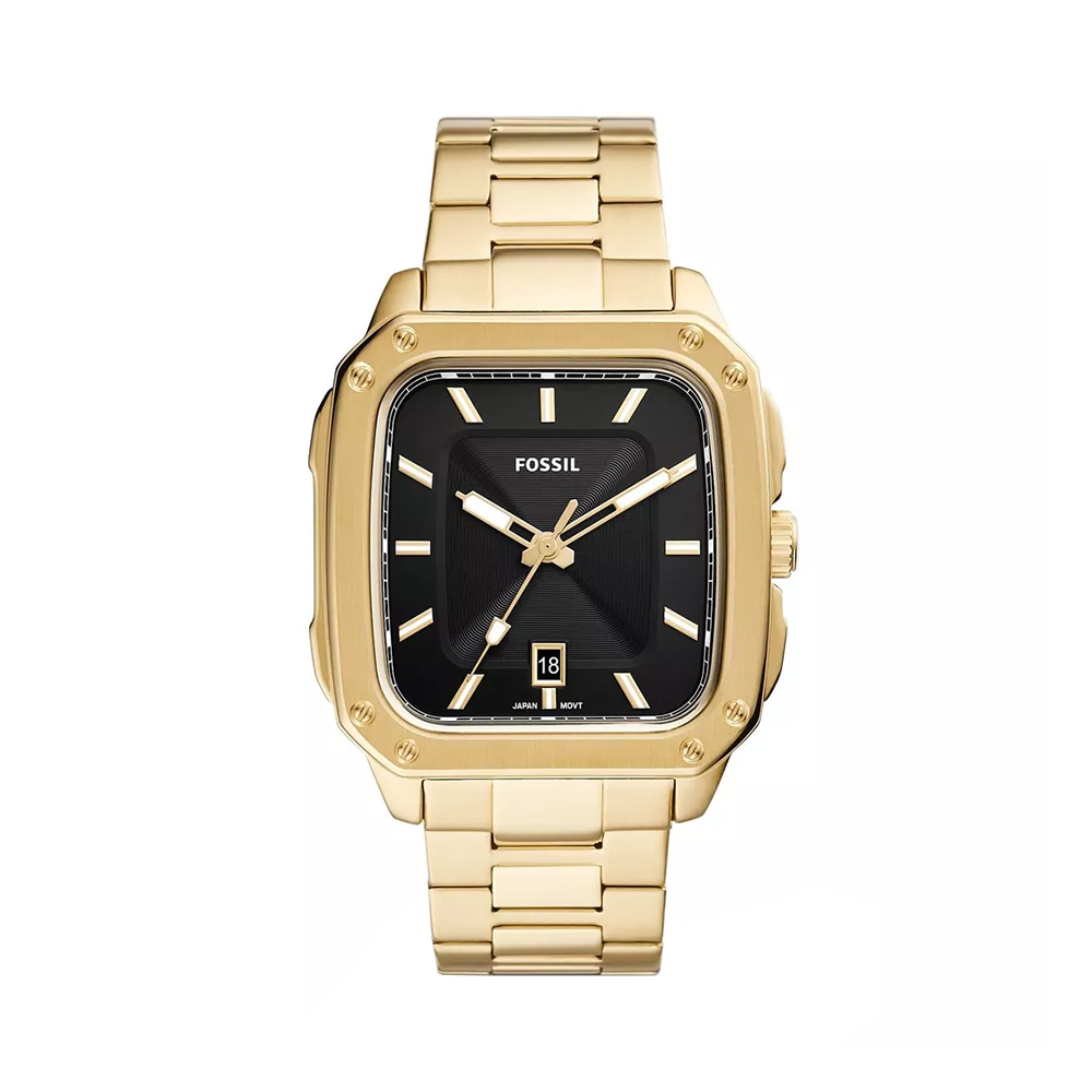 Fossil Inscription 42 - FS5932 Three-Hand Date Gold-Tone Stainless ...