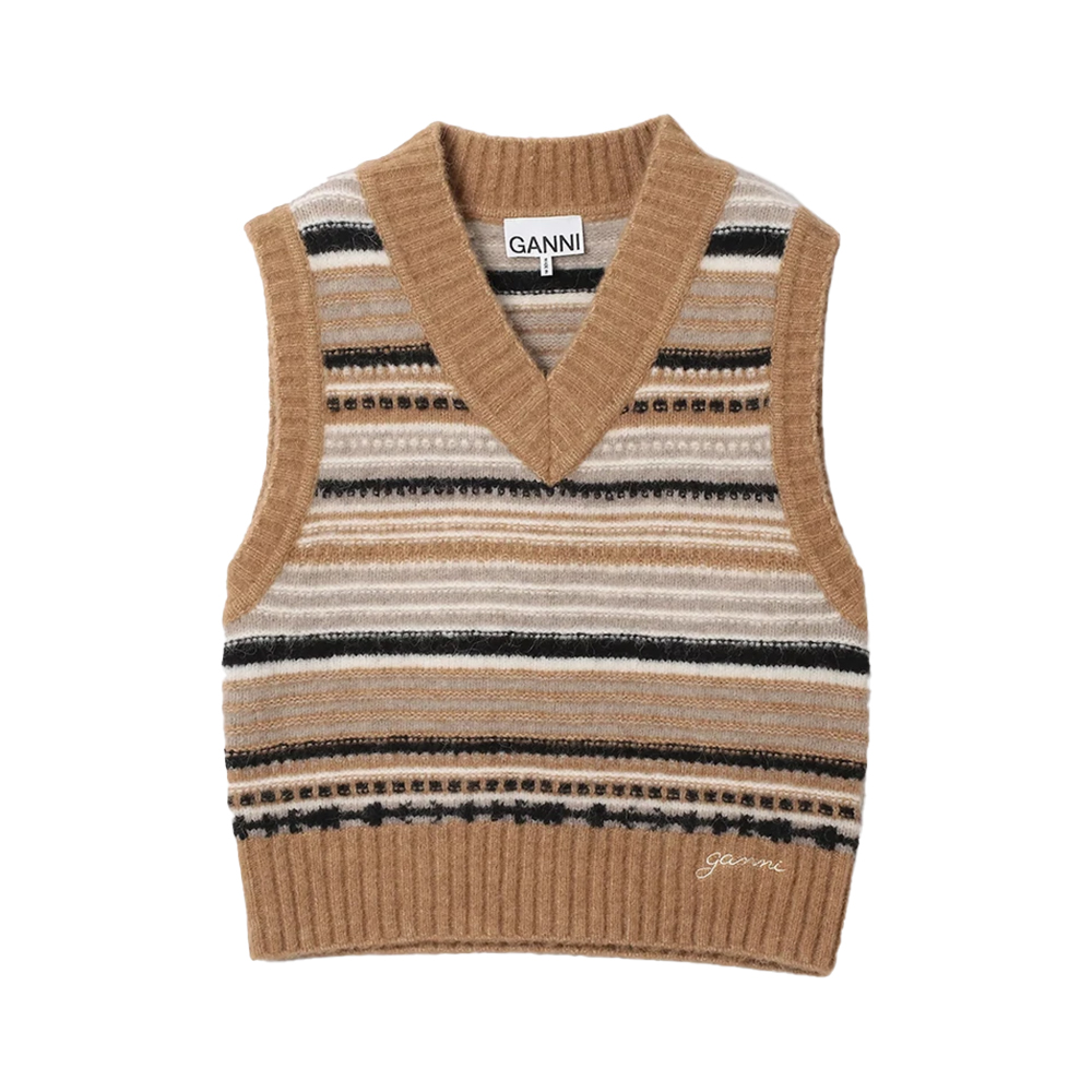 Ganni Stripe Pattern Embroidered Stretch Wool Blend Vest Brown – voilà.id