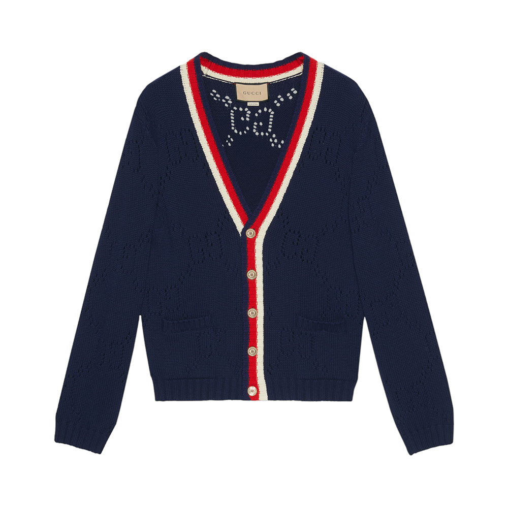 Gucci Perforated GG V-Neck Cardigan Blue – voilà.id
