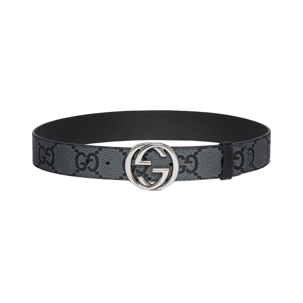 Gucci GG Interlocking Buckle Grainy Leather Belt Grey Black – voilà.id