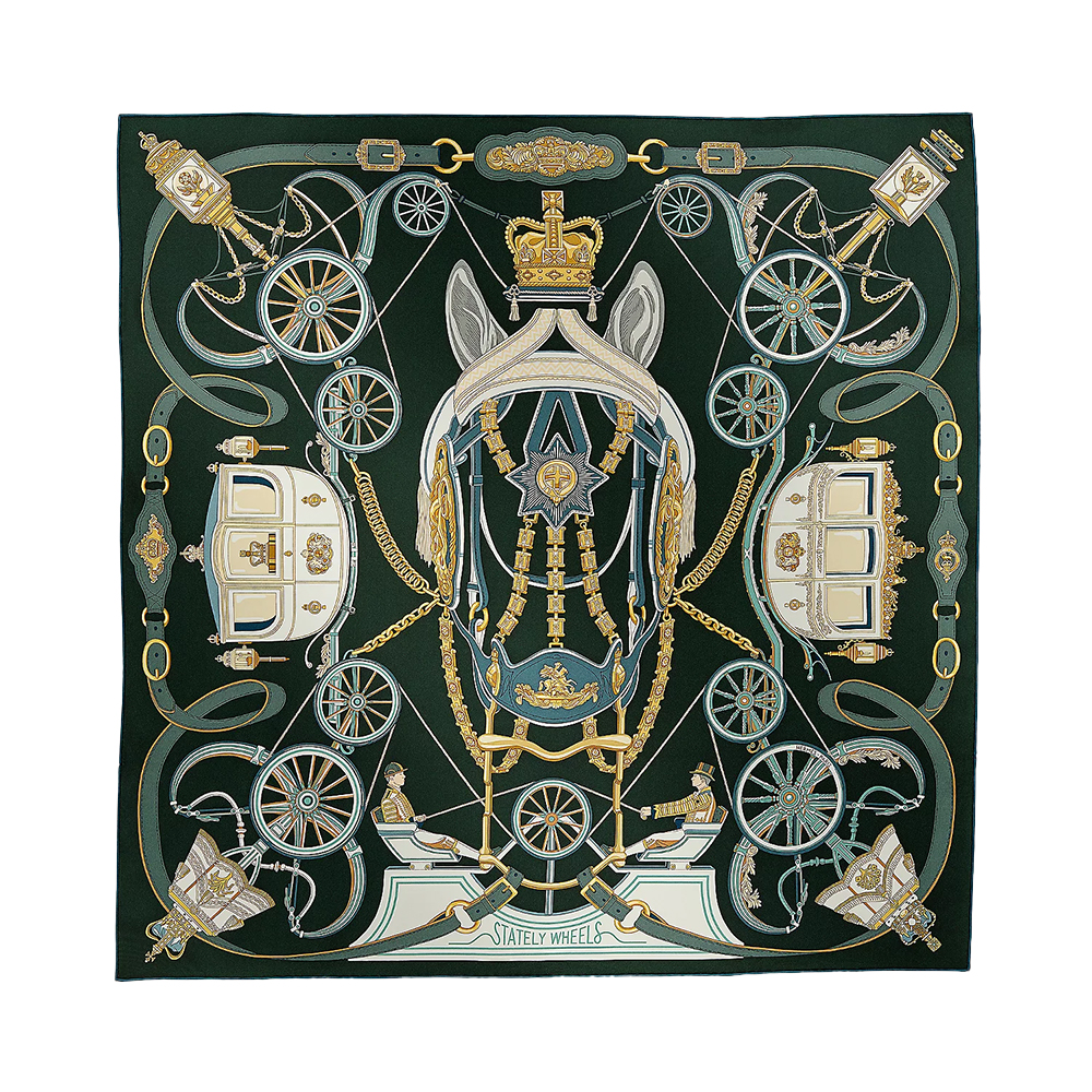 Hermès Stately Wheels Silk Scarf 90 Vert Anthracite / Vieil Or / Blanc ...