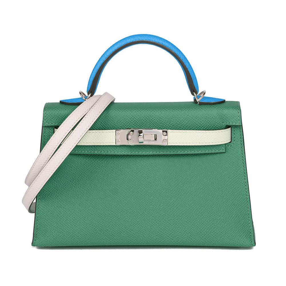 Hermès Kelly 20 Tricolor Vert Vertigo/Vert Fizz/Blue Frida Epsom Phw ...