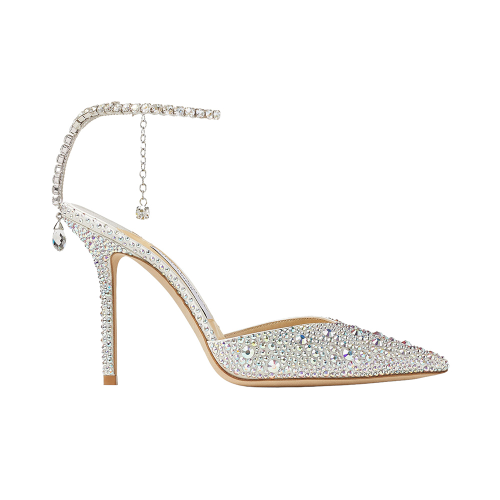 Jimmy Choo Saeda 100 Satin Crystal Embellished Ankle Strap Heels Ivory ...