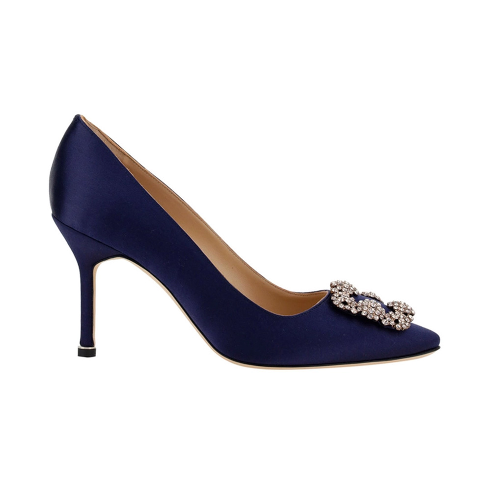 Manolo Blahnik Hangisi 90 Satin Pumps with Ismor Crystal Buckle Navy ...