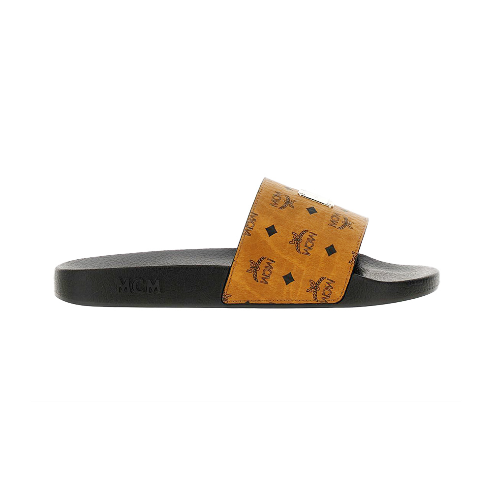 MCM Monogram Print Slide with Enamel Logo Black Cognac Men – voilà.id