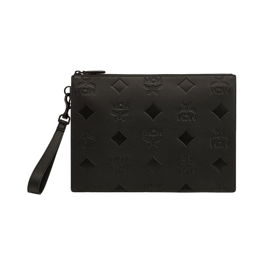 MCM Medium Aren Wristlet Zip Pouch in Maxi Monogram Leather Black ...
