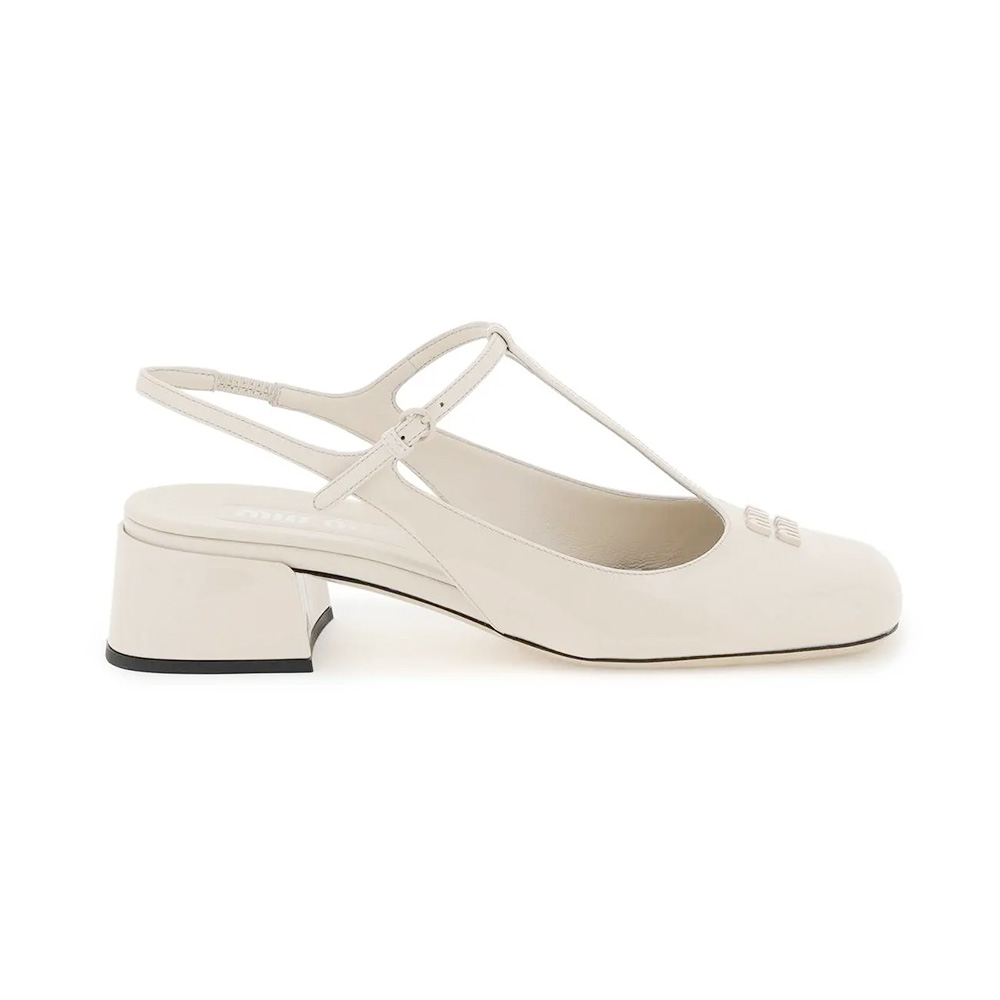Miu Miu Logo 35 Patent Leather Slingback Pumps White – voilà.id
