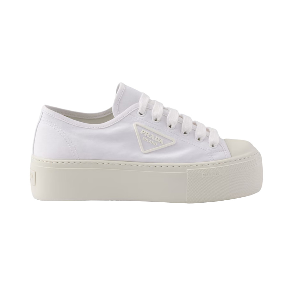 Prada Triangle Rubber Logo Lace-Up Fabric Sneakers White – voilà.id