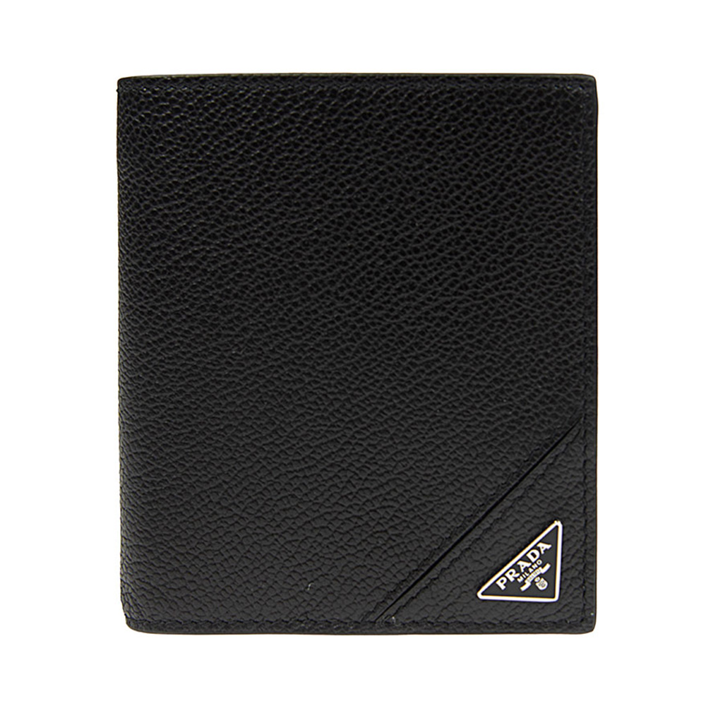 Prada Triangle Metal Logo Horizontal Wallet Grained Black – voilà.id