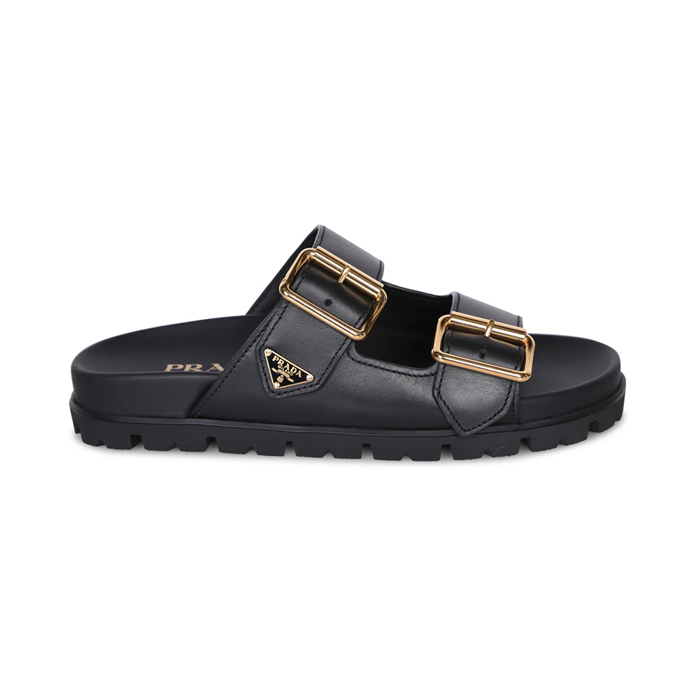 Prada Triangle Logo Strap Lug Tread Leather Slides Black – voilà.id