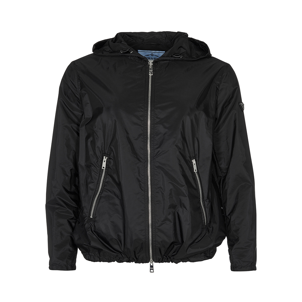 Prada Triangle Logo Patch Windbreaker Hooded Jacket Black – voilà.id