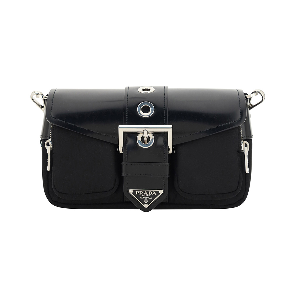 Prada Pocket Nylon Metal Logo Brushed Leather Bag Black – voilà.id