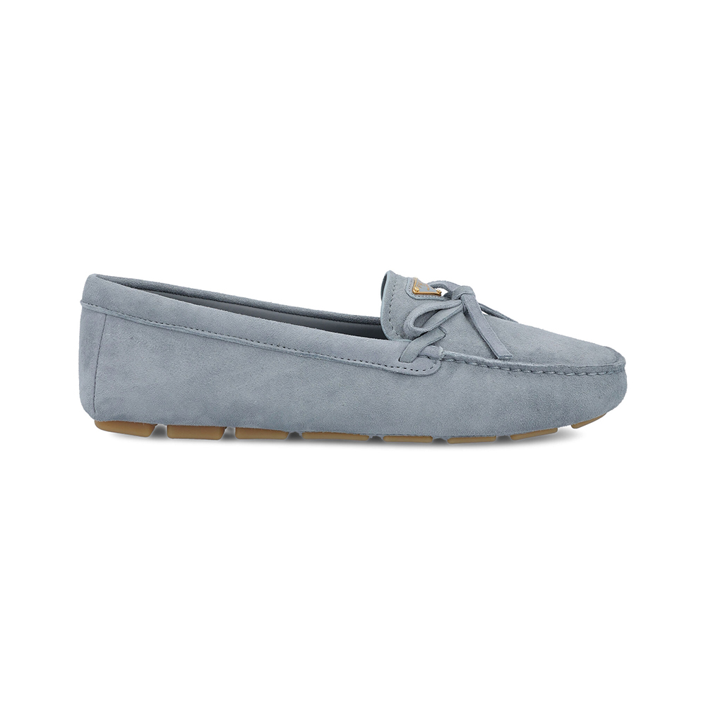 Prada Bow Triangle Enamel Logo Loafers Suede Leather Astral Blue – voilà.id