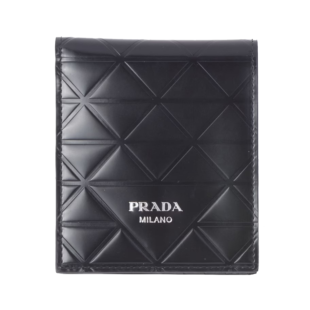 Prada Embossed Triangle Logo Brushed Leather Wallet Black – voilà.id