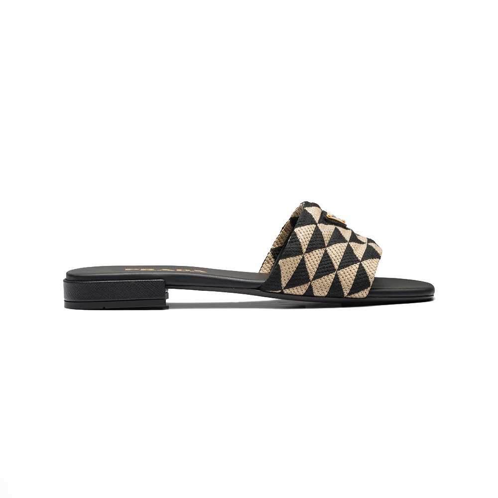 Prada Embroidered Fabric Slides Black/Beige – voilà.id