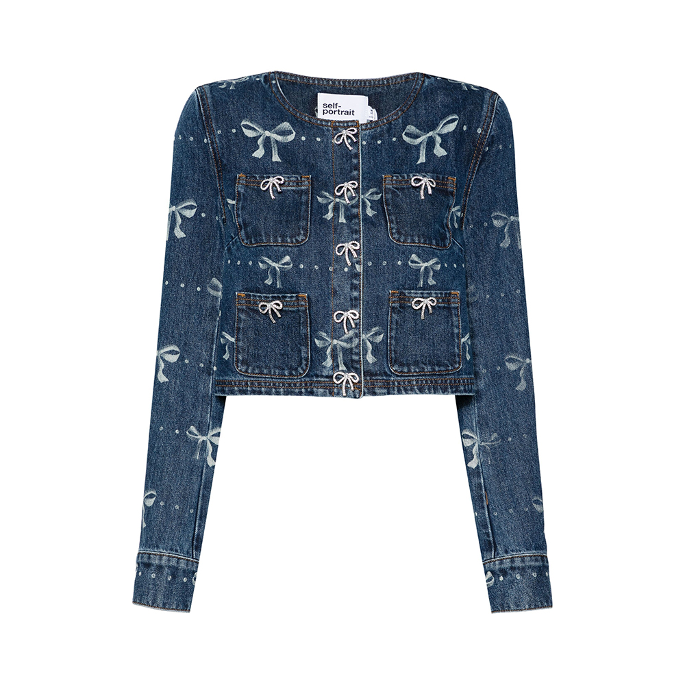 Self Portrait Bow Print Denim Jacket Blue – voilà.id