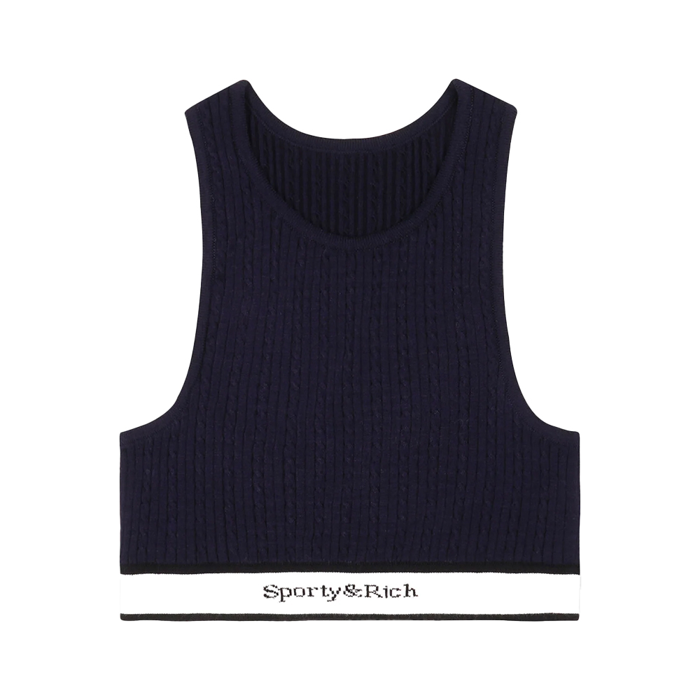 Sporty & Rich Serif Logo Cableknit Tank Top Navy – voilà.id