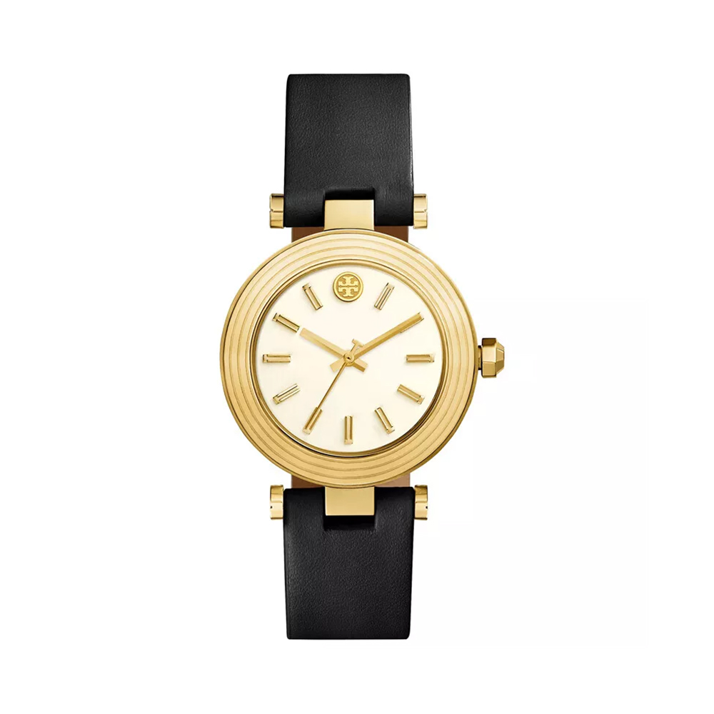 Tory Burch Classic T Leather Strap Women's Watch 36mm Gold/Black – voilà.id