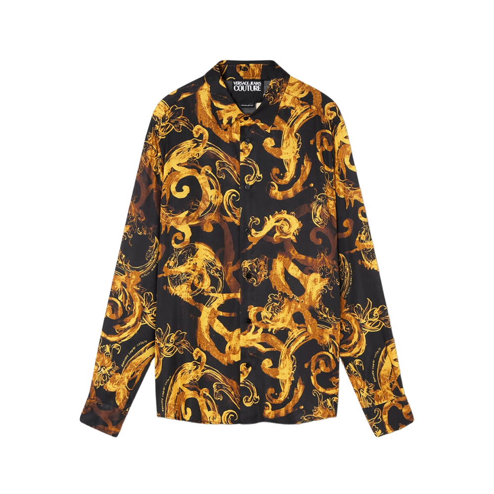 Versace Watercolour Couture Long Sleeve Shirt Print Black Gold Men – voilà.id